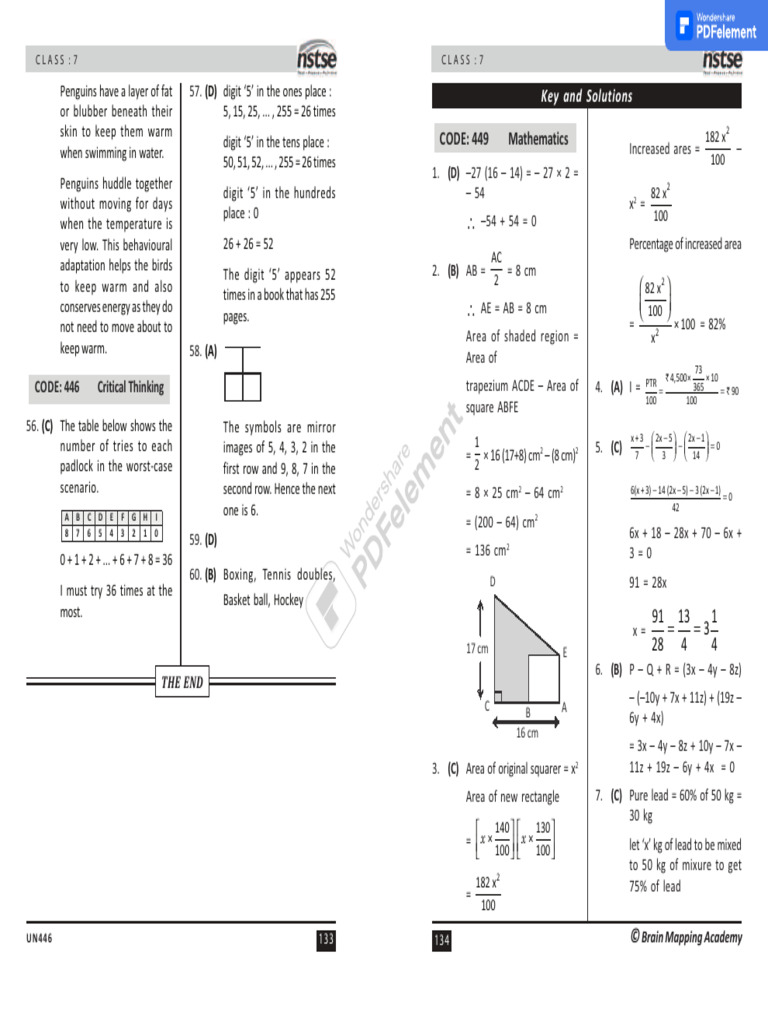 Class - 7 - NSTSE Code 449 Solution | PDF