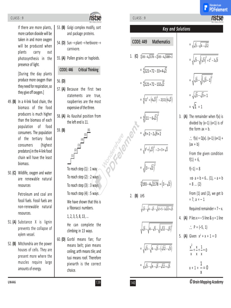 Class 9 NSTSE Code 449 Solution | PDF