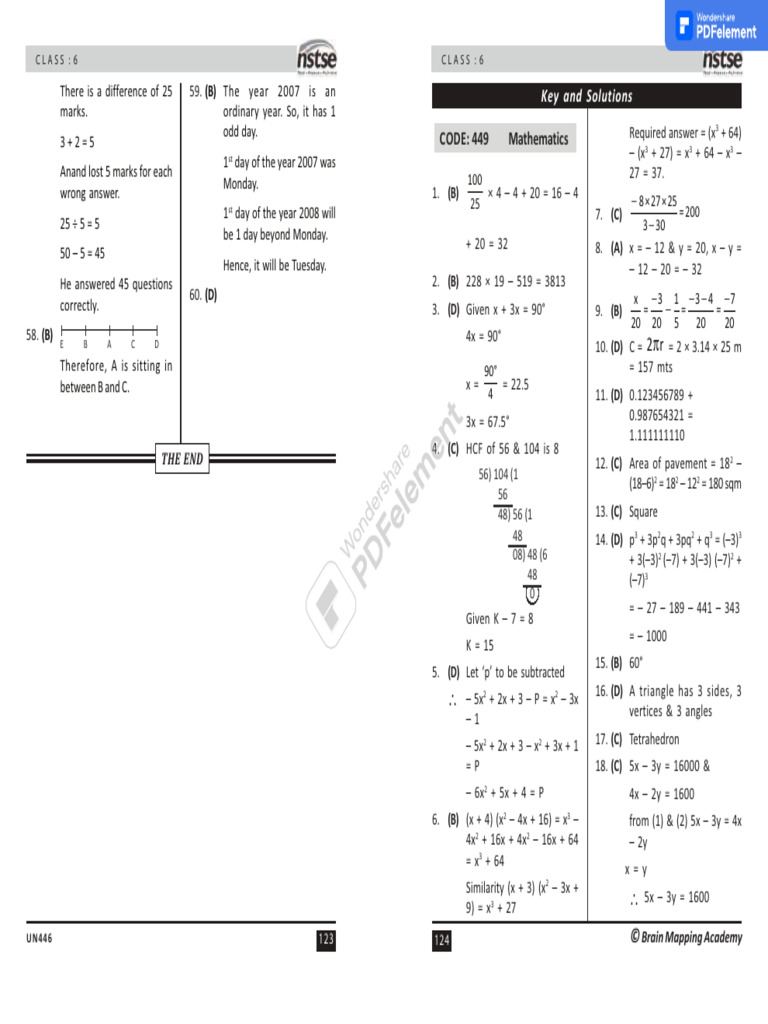 Class 6 NSTSE Code 449 Solution | PDF