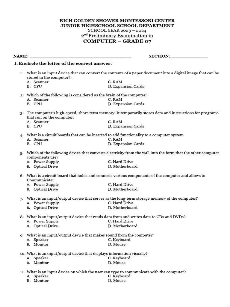 Sy. 23-24 Torres 2nd Preliminary Examinations Com07 | PDF | Computer Data Storage | Input/Output