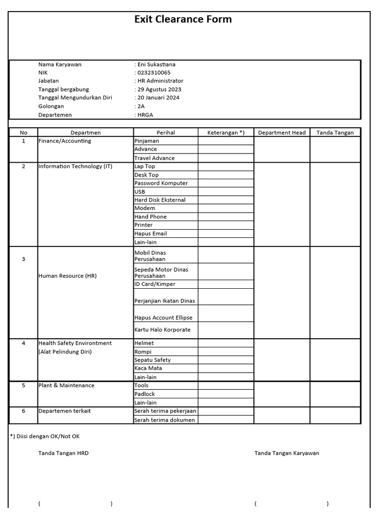 Exit Clearance HR Eni Sukastiana | PDF