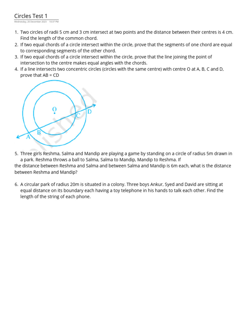 Circles Test 1 | PDF