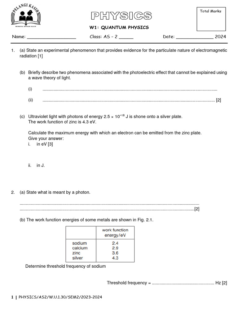 As-2 W1 Quantum Physics - 2023-2024 | PDF | Photoelectric Effect | Electromagnetic Radiation