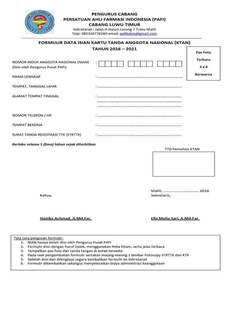 Formulir Anggota PAFI | PDF