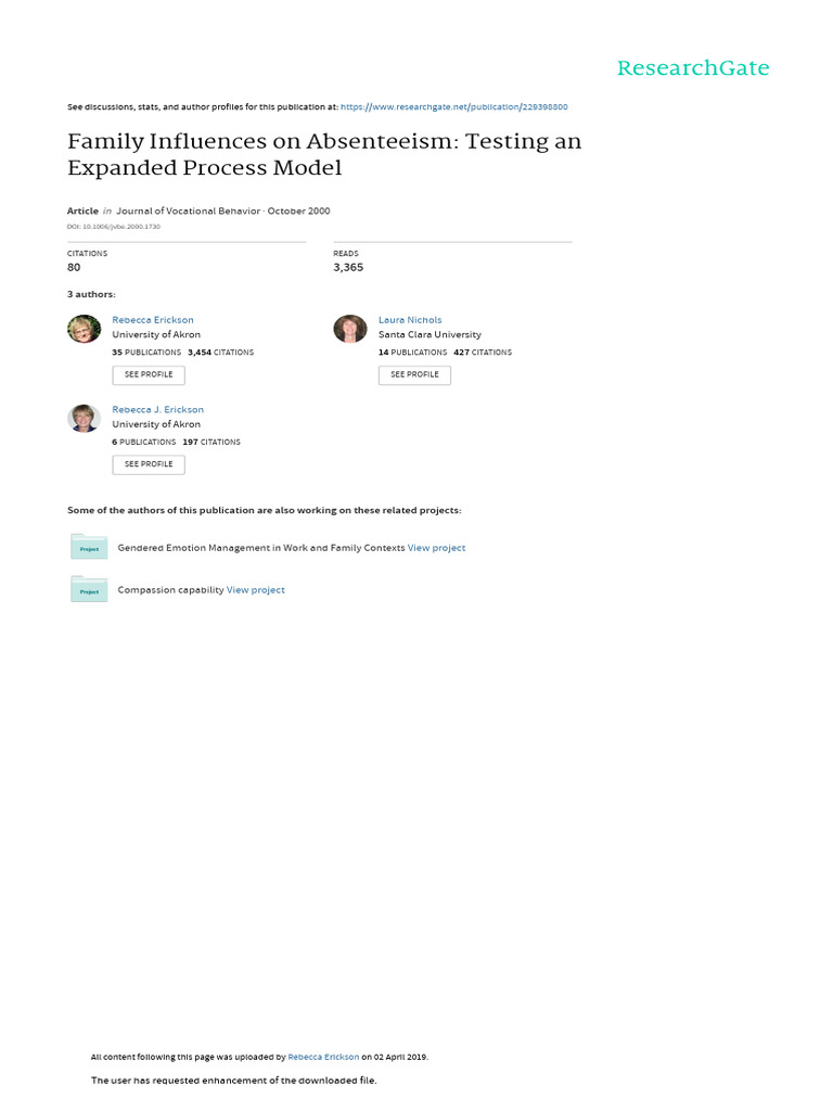 Family in Uences On Absenteeism: Testing An Expanded Process Model ...