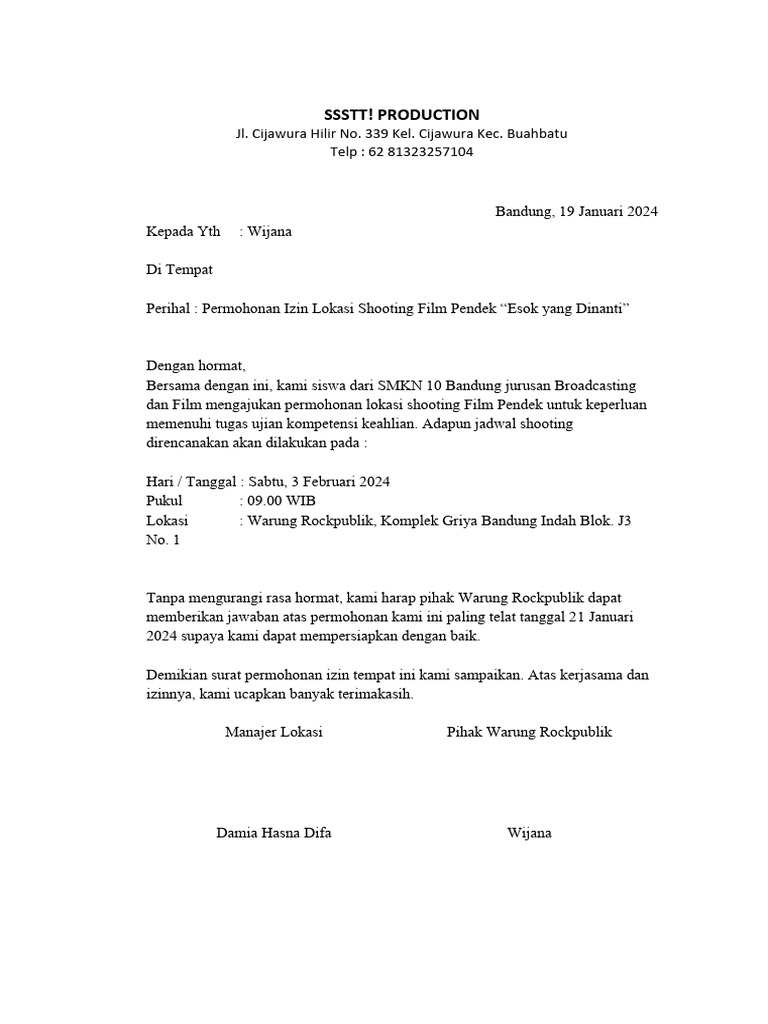 Surat Peminjaman Lokasi Shooting WR | PDF