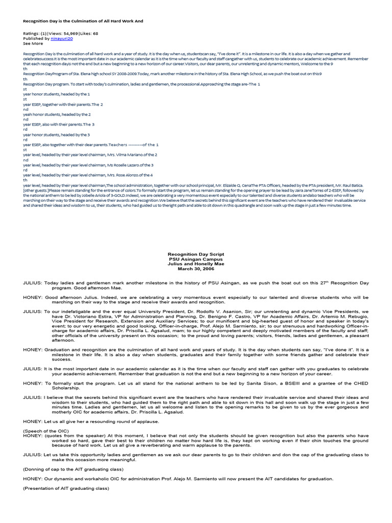Recognition Day Script | PDF