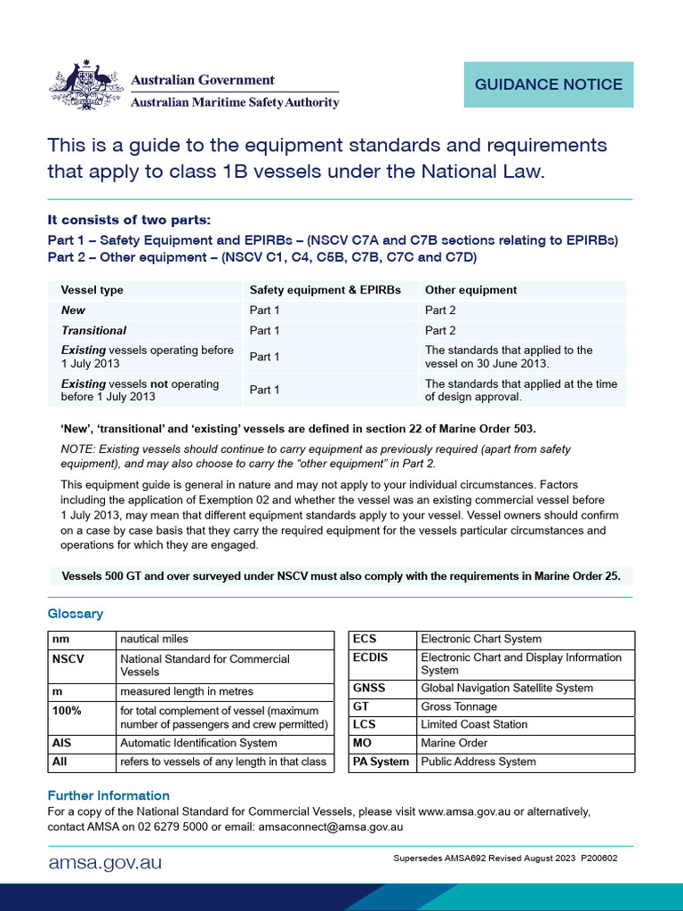 Class 1B Vessel Equipment Standards Guide | PDF | Navigation | Equipment