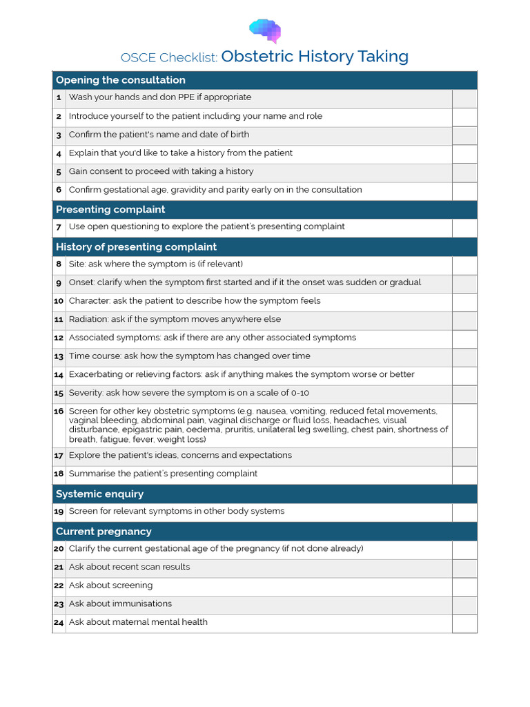 OSCE Checklist for Obstetric History Taking | PDF | Pregnancy | Childbirth