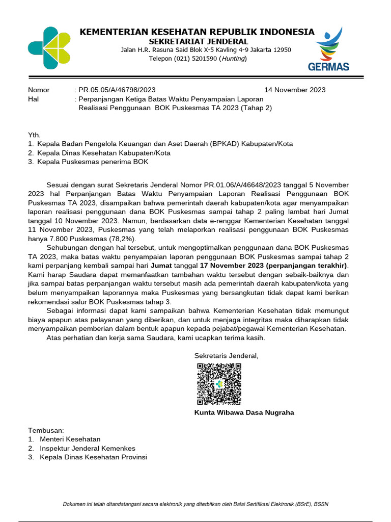 Surat Sekjen - Daerah - Perpanjangan Waktu Ketiga Penyampaian Laporan Realisasi Penggunaan BOK ...