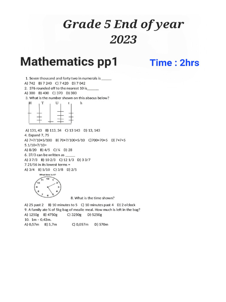 g5 Maths Pp1 End of Year Exam | PDF