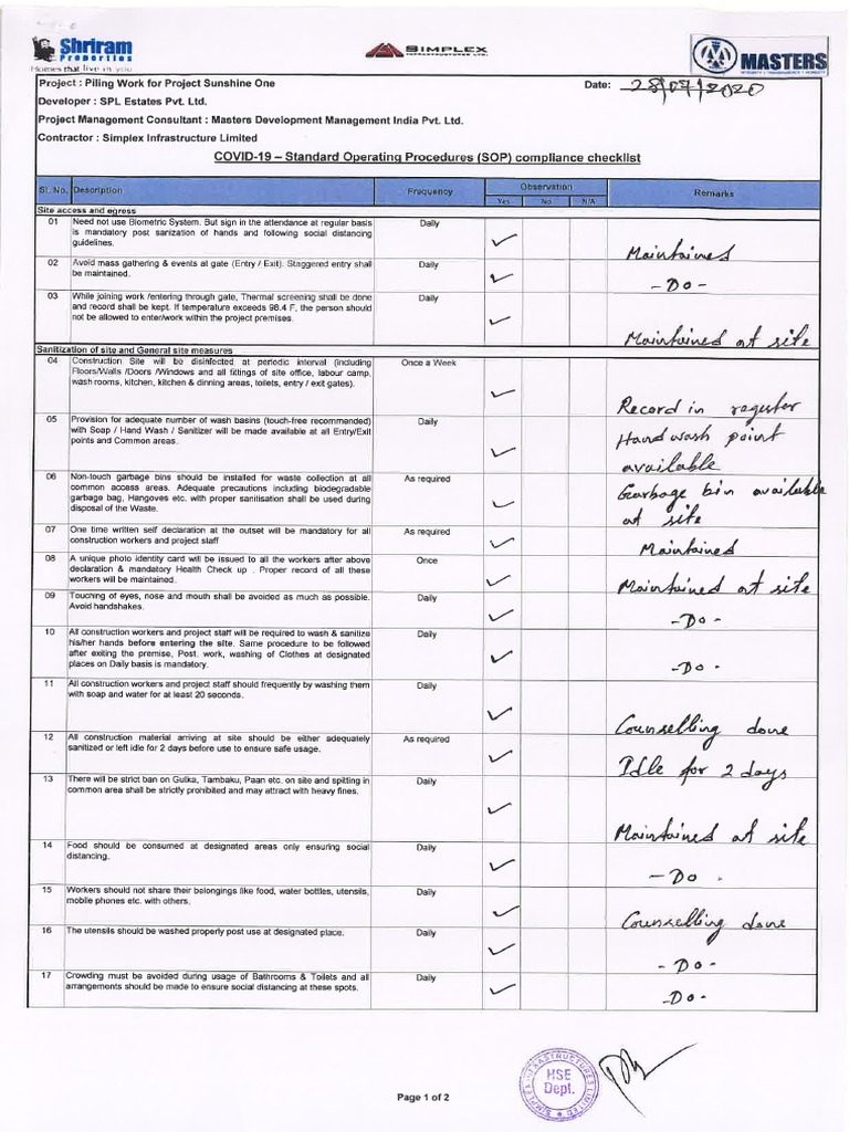 Jul 2020 - COVID-19 Checklist | PDF