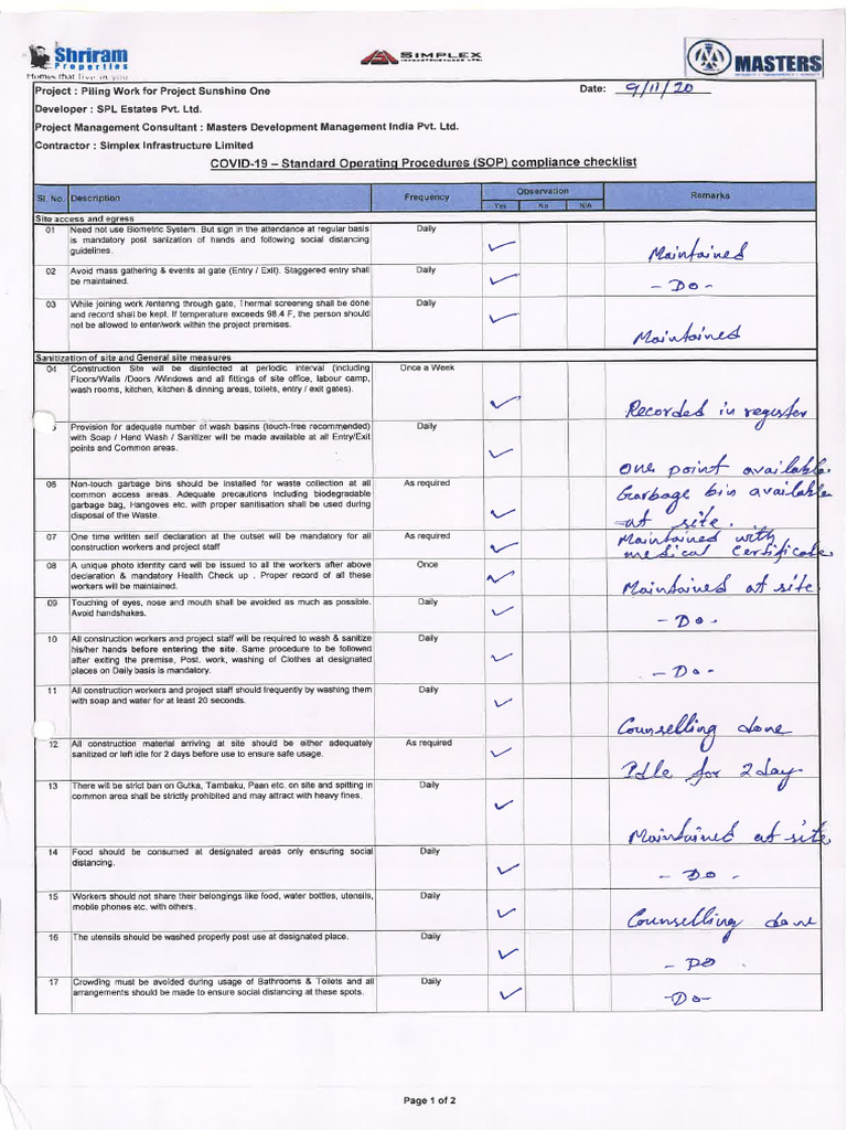 Nov 2020 - COVID-19 Checklist | PDF
