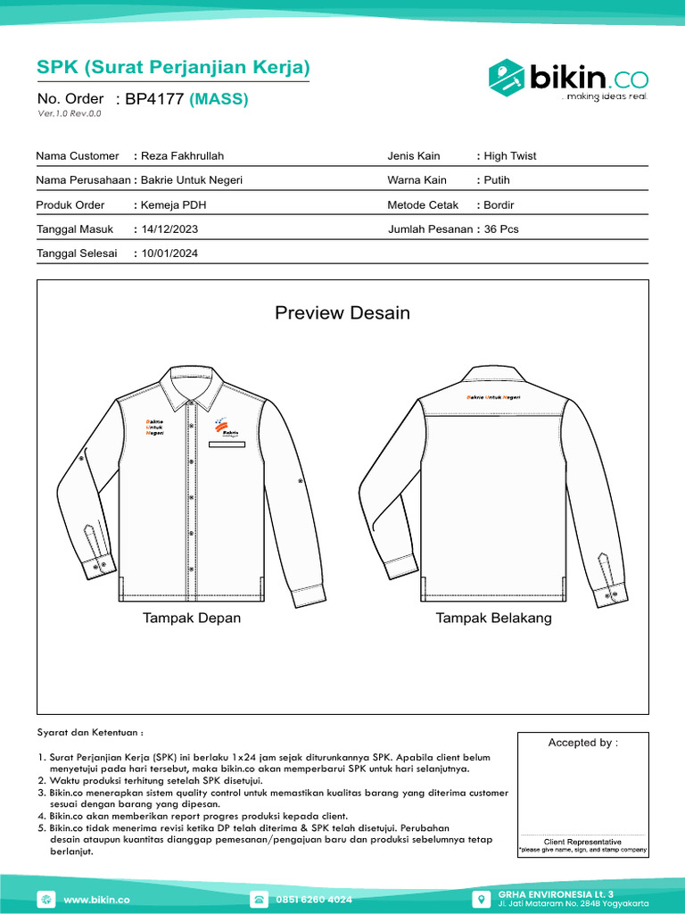 BIKIN - Co - SPK Customer - BP4177 - Kemeja PDH - Bakrie Untuk Negeri | PDF