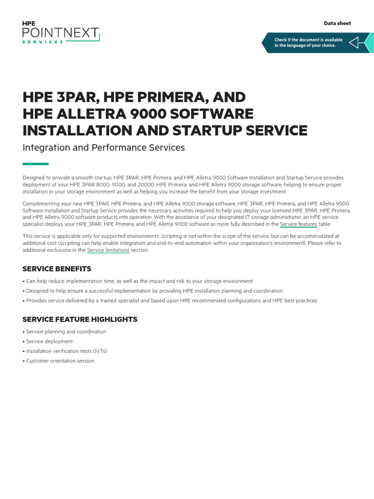 HPE 3PAR, HPE Primera, and HPE Alletra 9000 Software Installation and Startup Service Data Sheet ...