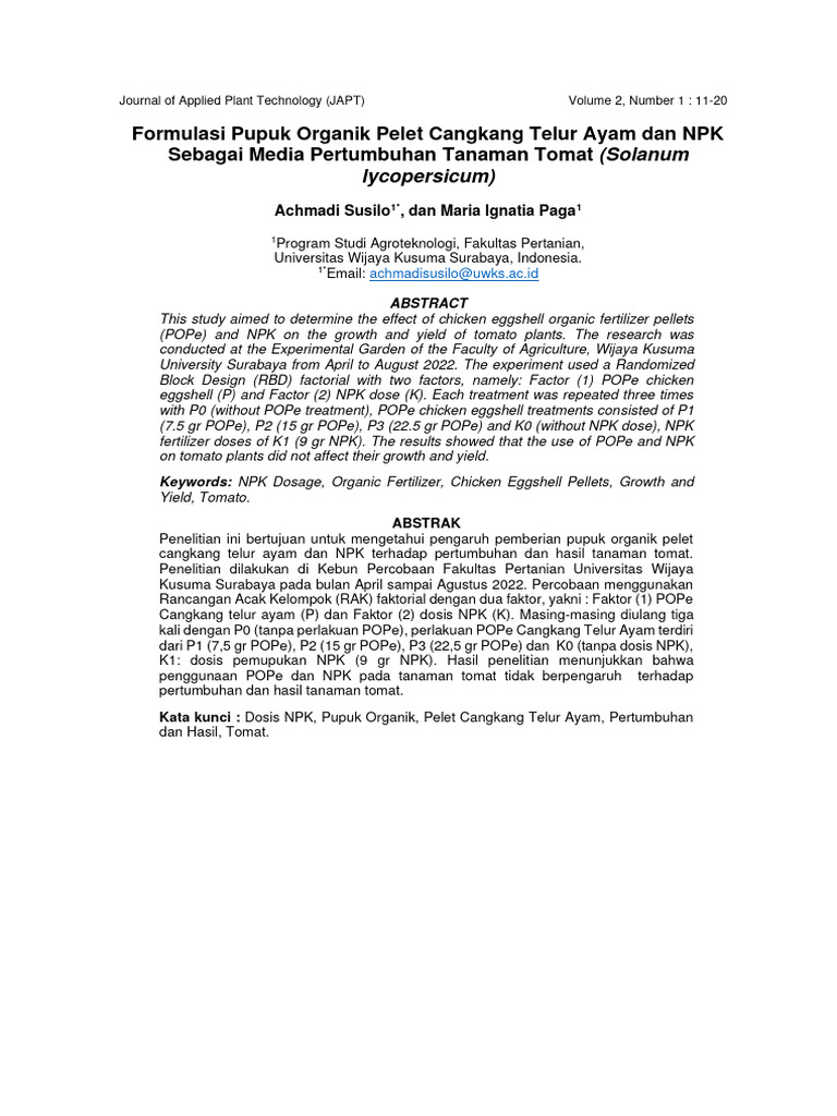 Formulasi Pupuk Organik Pelet Cangkang Telur Ayam Dan NPK Sebagai Media Pertumbuhan Tanaman ...