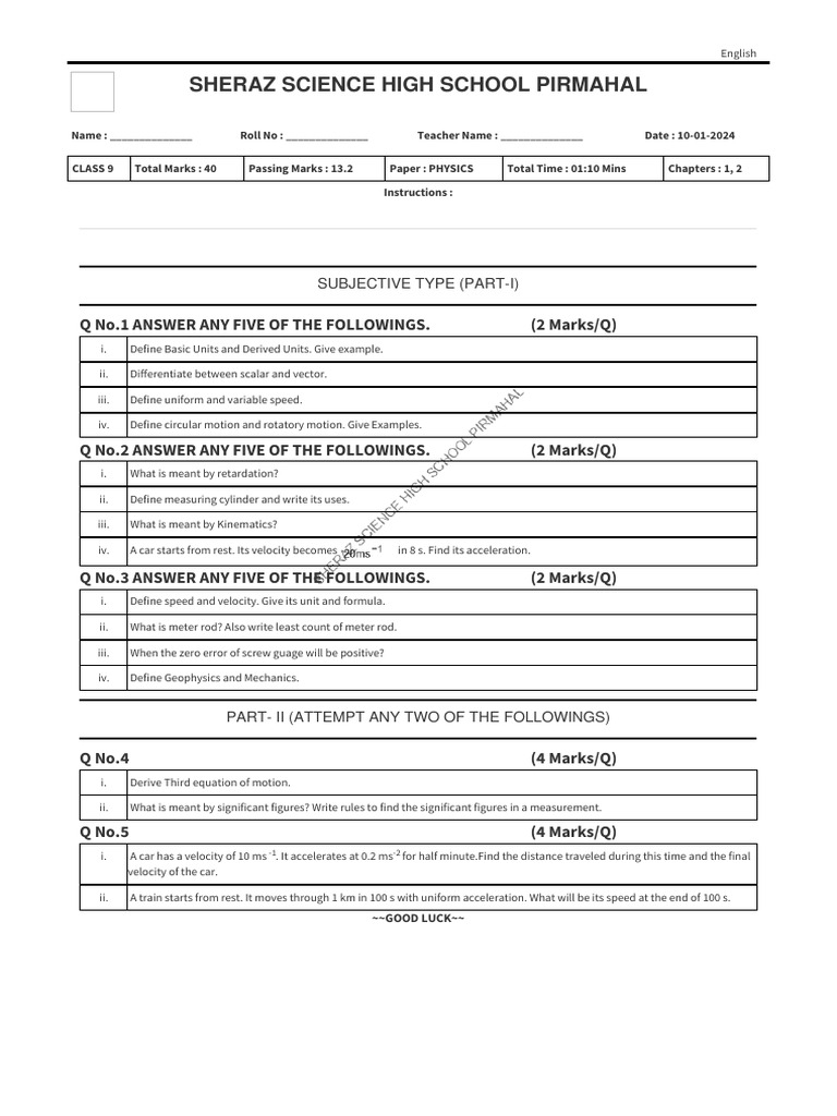 Class 9 Physics Exam Paper Guide | PDF | Velocity | Acceleration