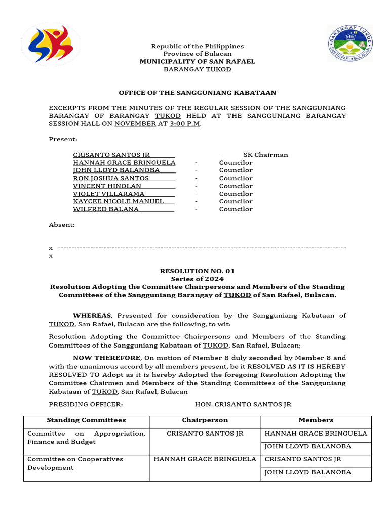 SK Committee Resolutions for Tukod | PDF