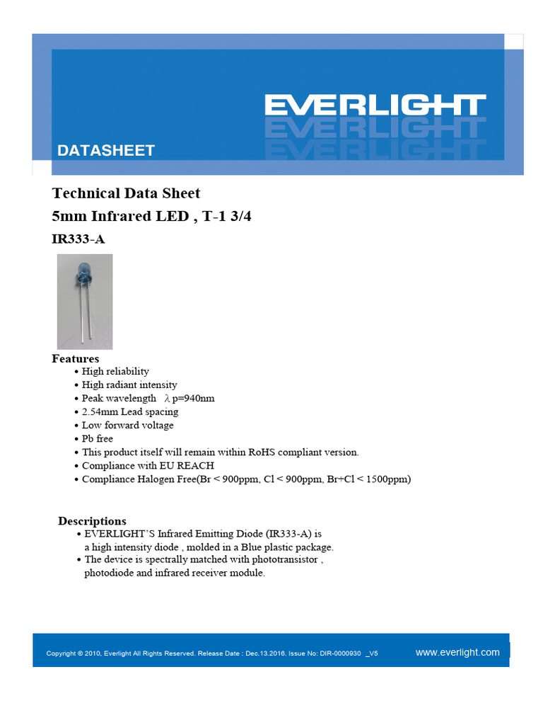 Technical Data Sheet 5mm Infrared LED, T-1 3/4: Features | PDF | Electromagnetic Radiation ...