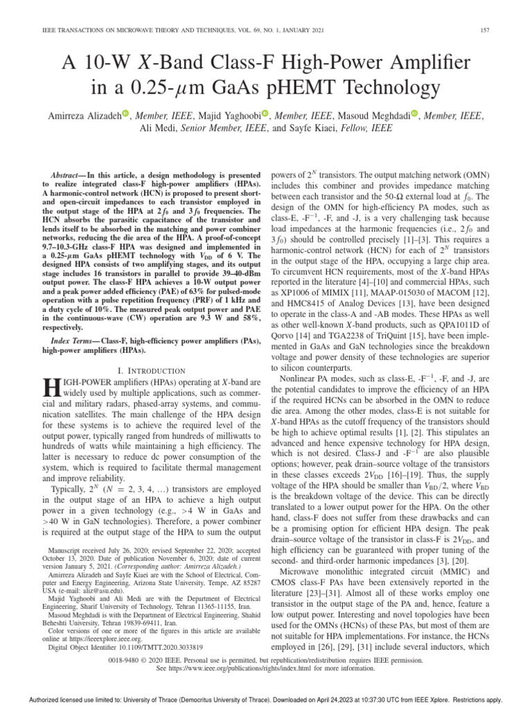 A 10-W X-Band Class-F High-Power Amplifier in A 0.25-m GaAs pHEMT Technology | PDF | Amplifier ...