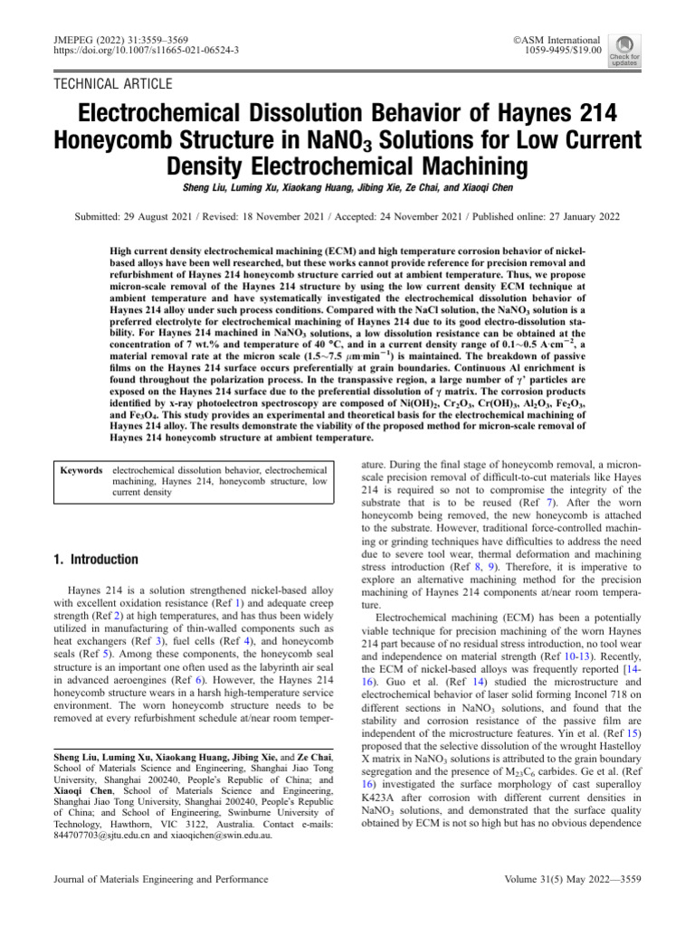 Electrochemical Machining of Haynes 214 | PDF | Corrosion ...
