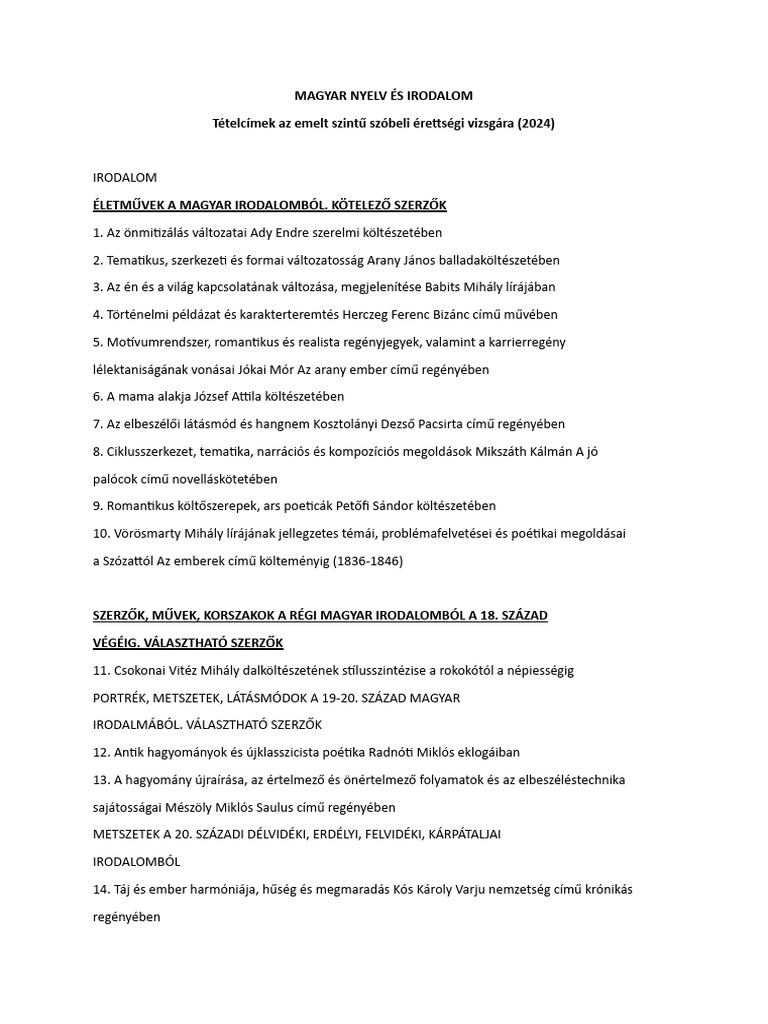 MAGYAR NYELV ÉS IRODALOM Érettségire | PDF