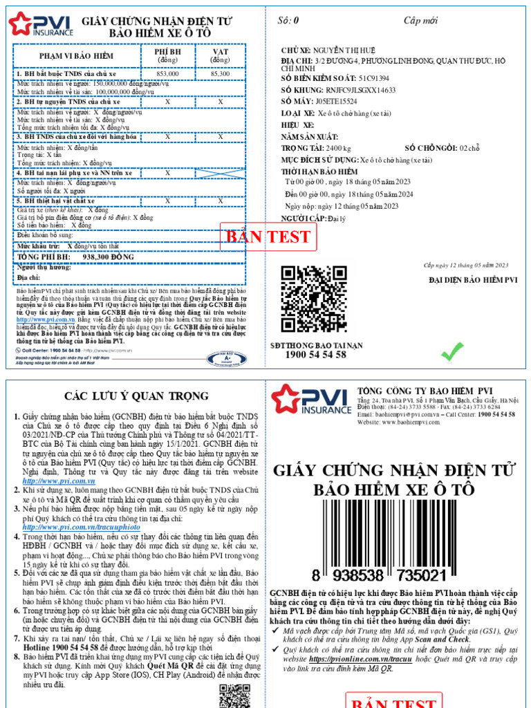 Giấy Chứng Nhận Điện Tử Bảo Hiểm Xe Ô Tô | PDF