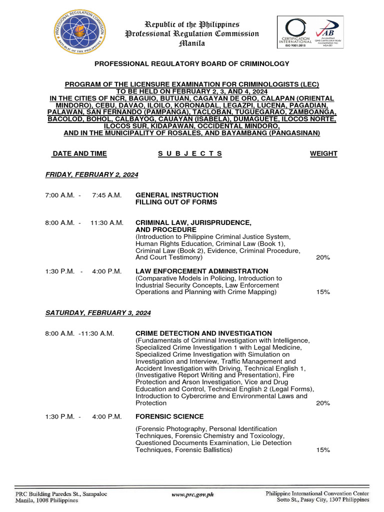 Program of Exam - Criminologists Feb 2024 | PDF | Forensic Science ...