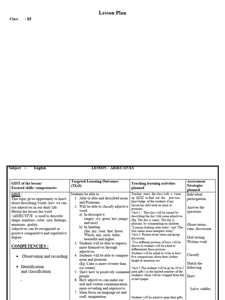 Lesson Plan | PDF | Adjective | Linguistics