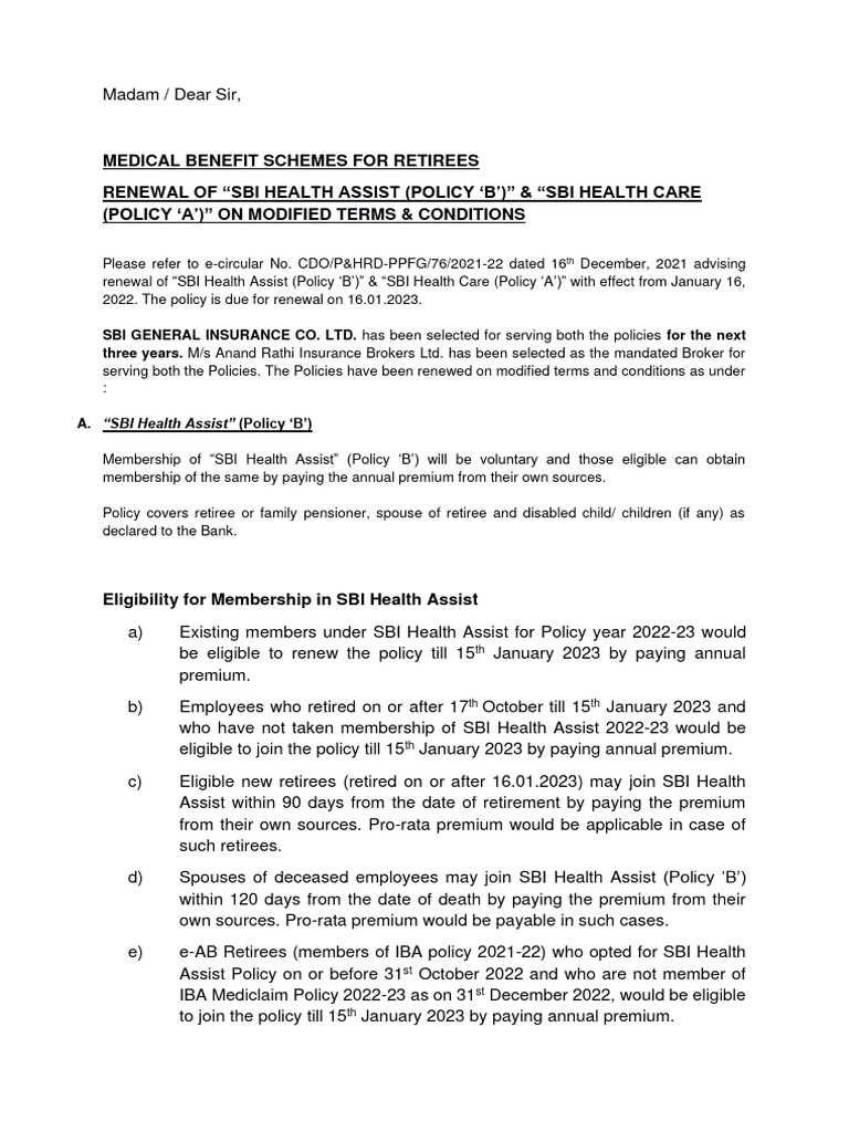 SBI Health Assist Policy B Renewal Details | PDF | Insurance | Retirement