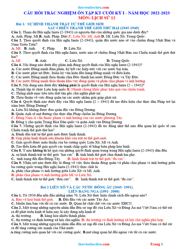 Trac Nghiem On Tap Lich Su 12 HK1 Nam 2022 2023 | PDF