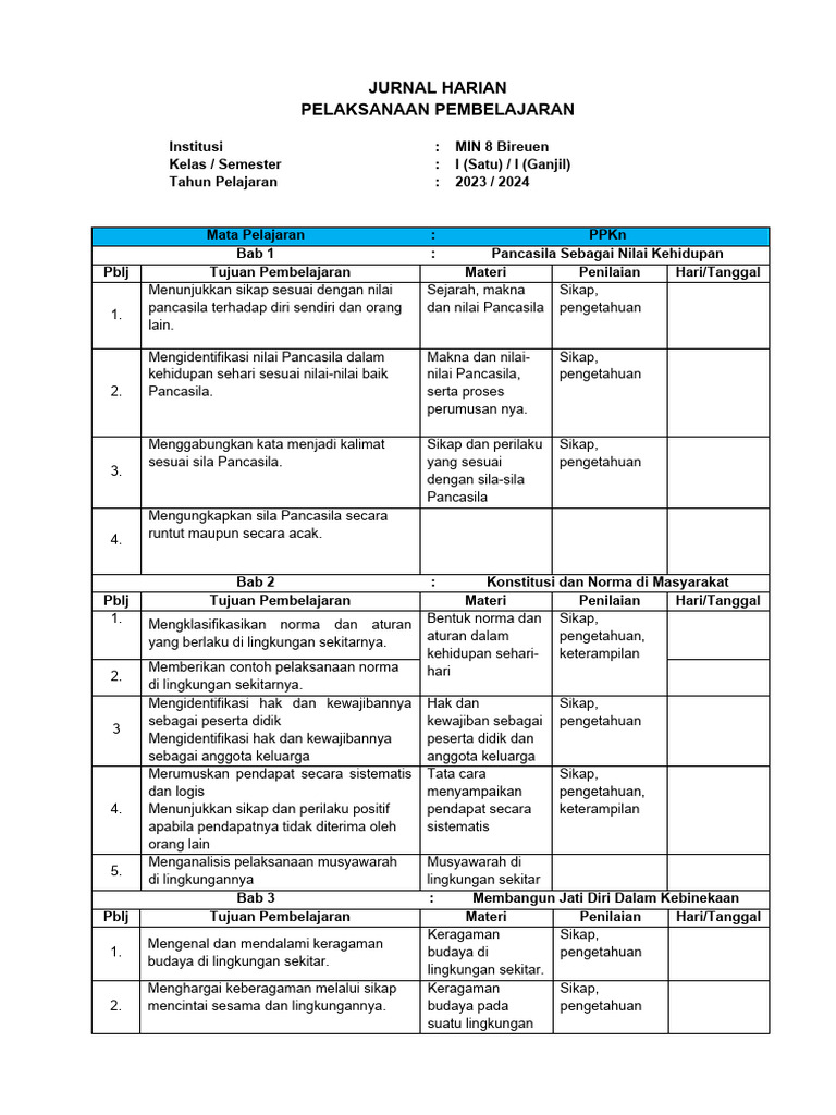 Jurnal Harian Kelas 2 Semester 1 2023-2024 | PDF