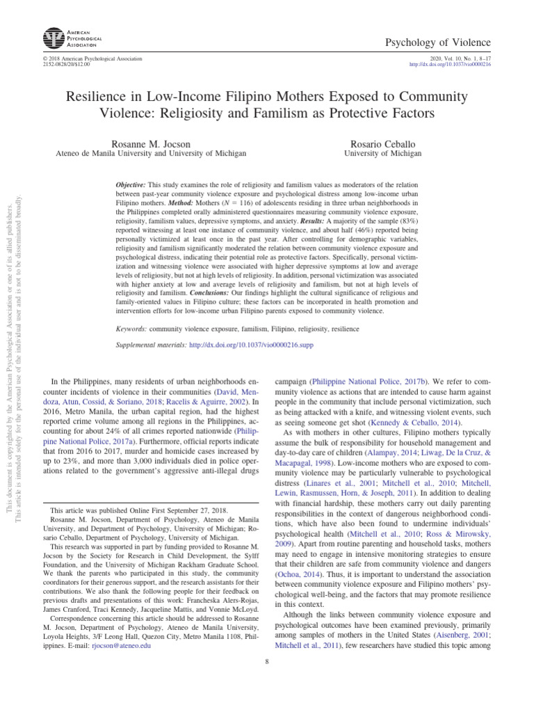 Resilience in Low Income Filipino Mothers Exposed To Community | PDF