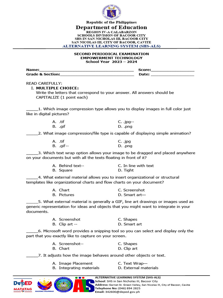 SHS-ALS Empowerment Tech Exam 2023-2024 | PDF | Computing | Computer Graphics