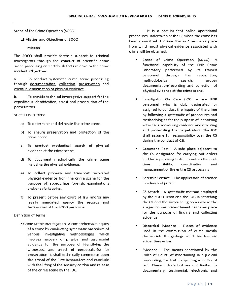 Special Crime Review Notes | PDF | Crime Scene | Forensic Science