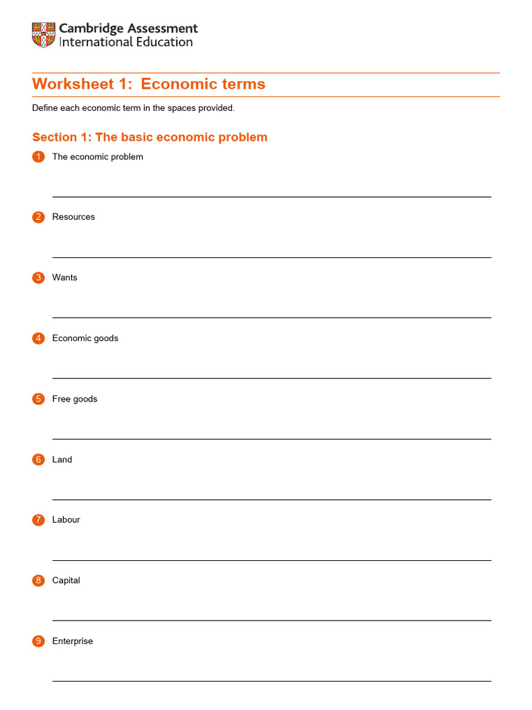 AO1 Worksheet 1 Economic Terms | PDF