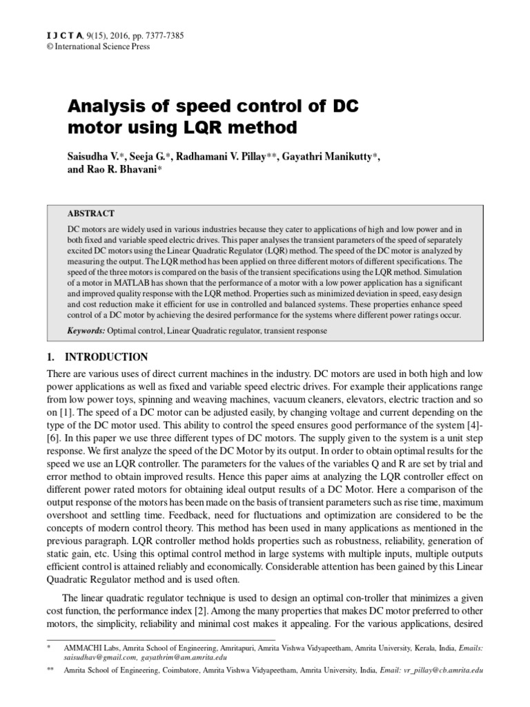 Analysis of Speed Control of DC Motor Using LQR Method | PDF | Matrix ...