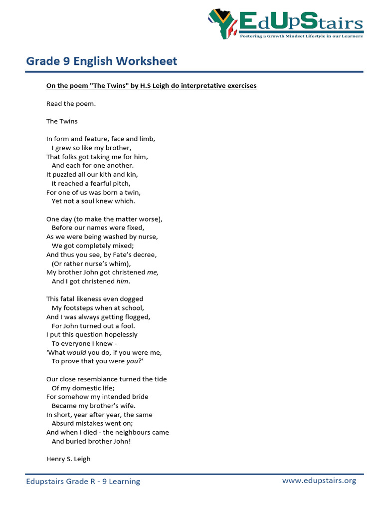 On The Poem The Twins by H.S Leigh Do Interpretative Exercises | PDF ...