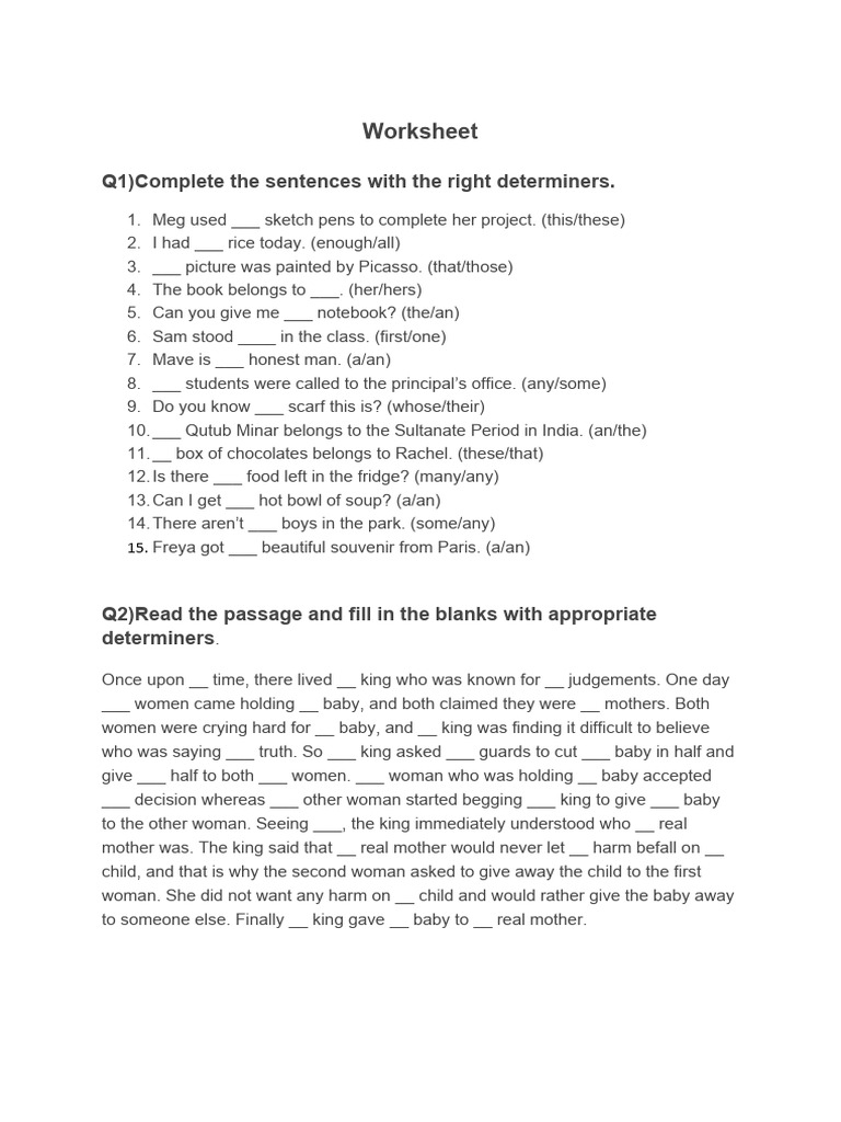 Worksheet: Q1) Complete The Sentences With The Right Determiners | PDF