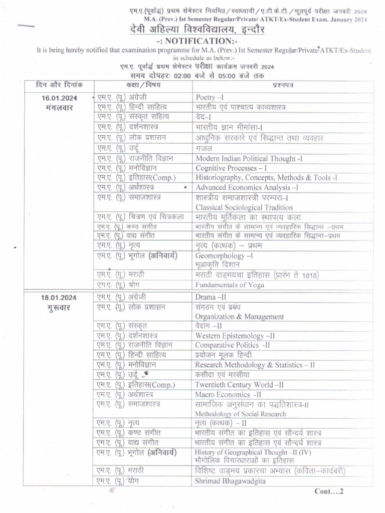 Ma First Sem Time Table | PDF