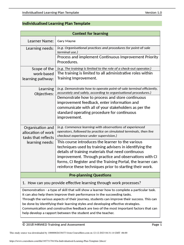 10a. Individualised Learning Plan Template 2 | PDF | Learning ...