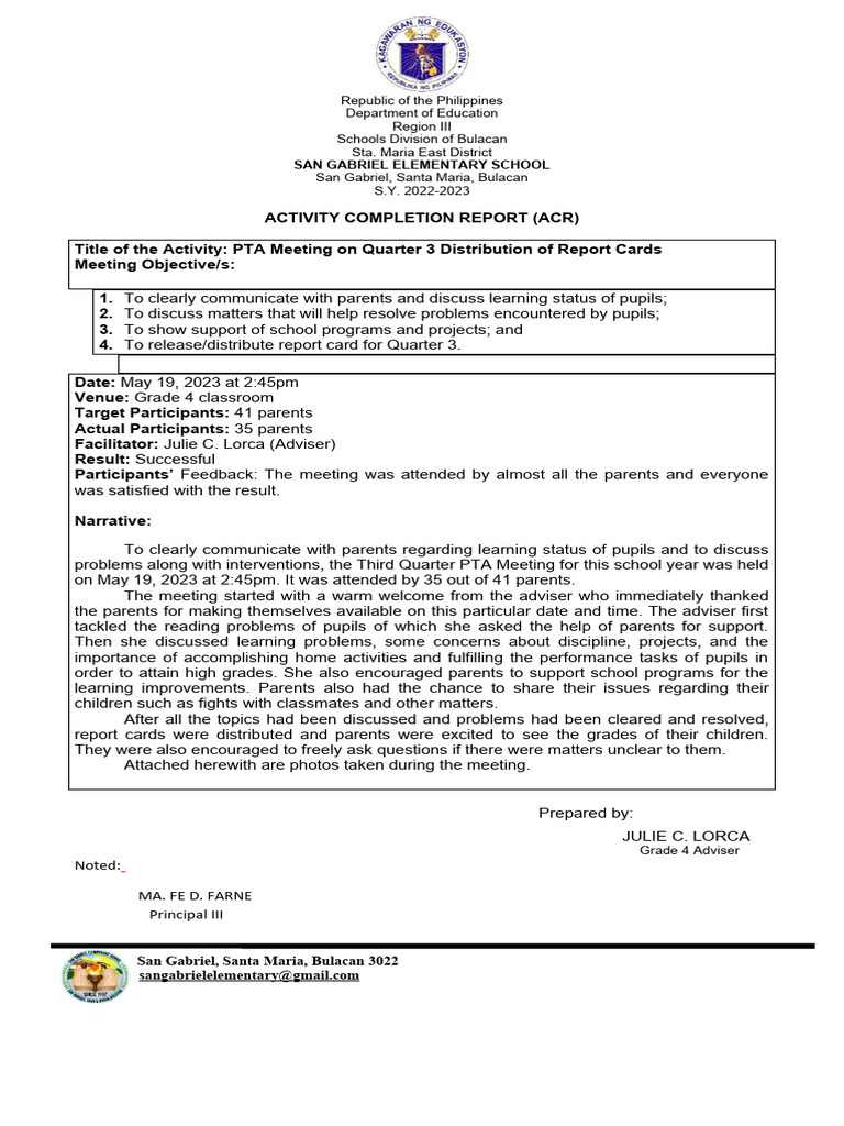4a-Acr-Pta Meeting-Quarter 3-Distribution of Report Card | PDF ...