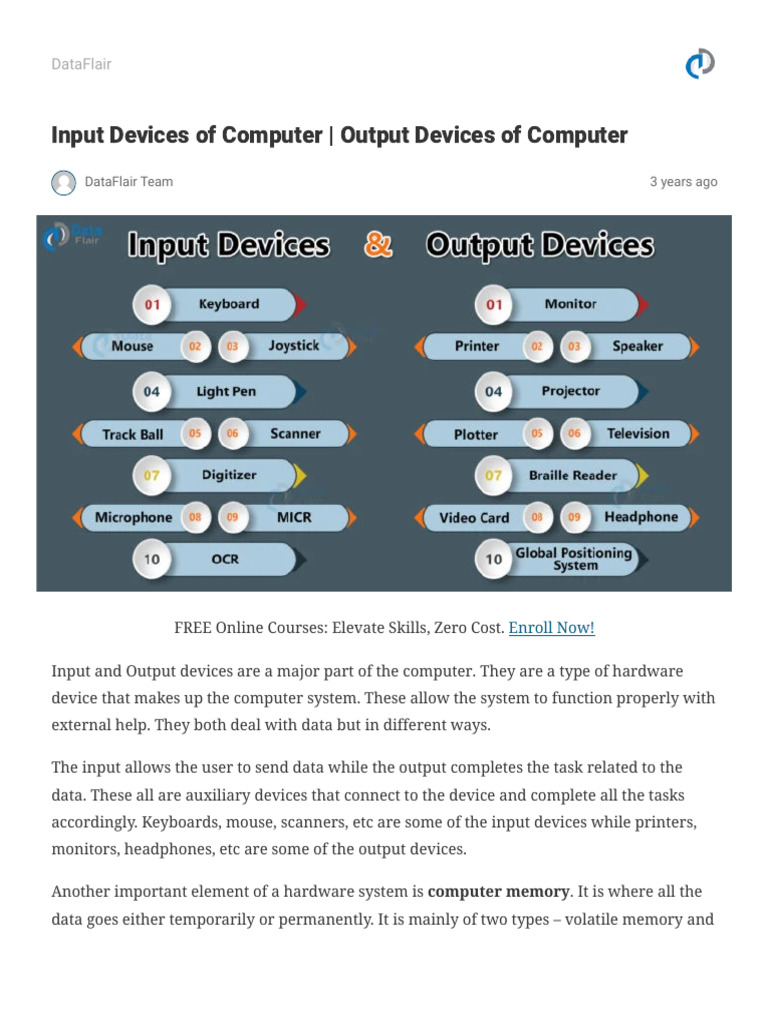 Input Devices of Computer - Output Devices of Computer - DataFlair | PDF