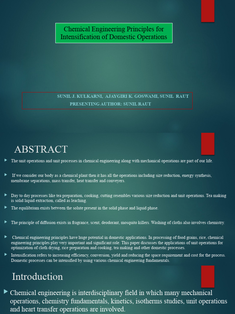 Chemical Engineering Principles For Intensification of Domestic ...