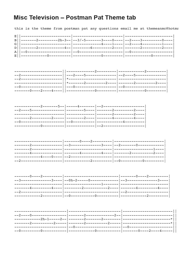 Postman Pat Theme Tab With Lyrics by Misc Television For Guitar at ...