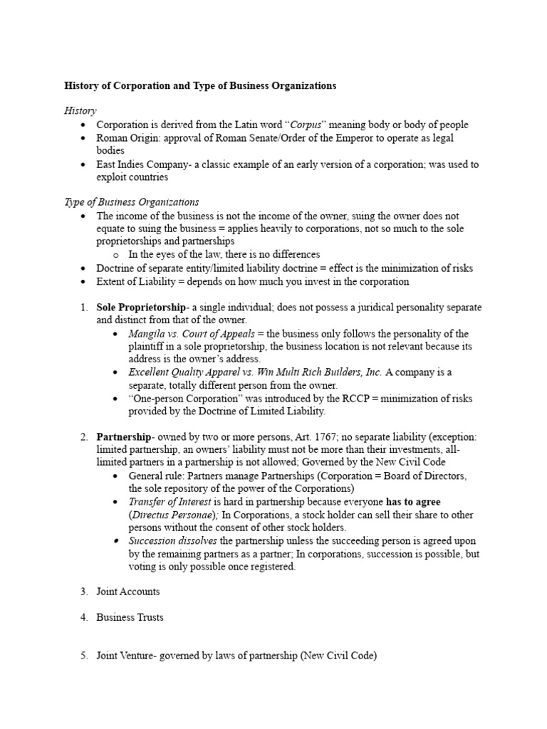 History of Corporation and Type of Business Organizations | PDF ...