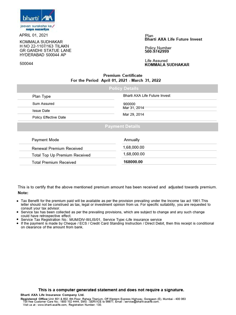 Insurance Receipt For Tax Latest | PDF | Insurance | Payments