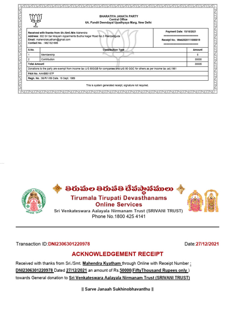 BJP Donation Receipt Acknowledgment | PDF | Receipt | Taxes