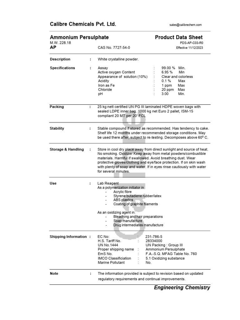 Calibre Chemicals Pvt. Ltd. Ammonium Persulphate Product Data Sheet | PDF