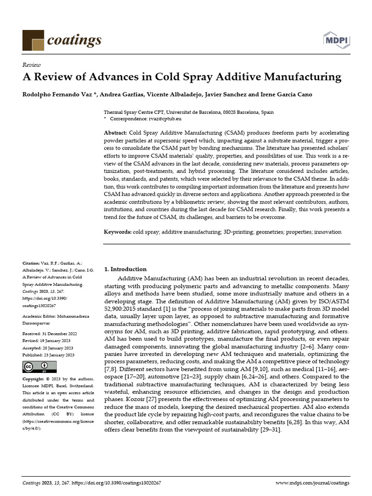 A Review of Advances in Cold Spray Additive Manufacturing | PDF ...